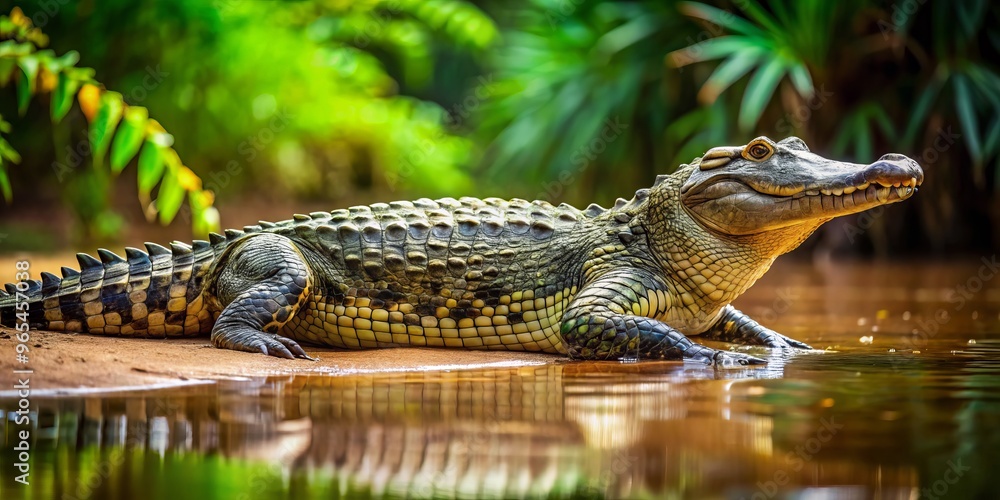 A scaly Asian alligator emerges from the murky green water, its ancient ...