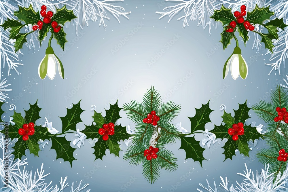 Sophisticated Winter Floral Border Design Featuring Snowdrop and Holly ...
