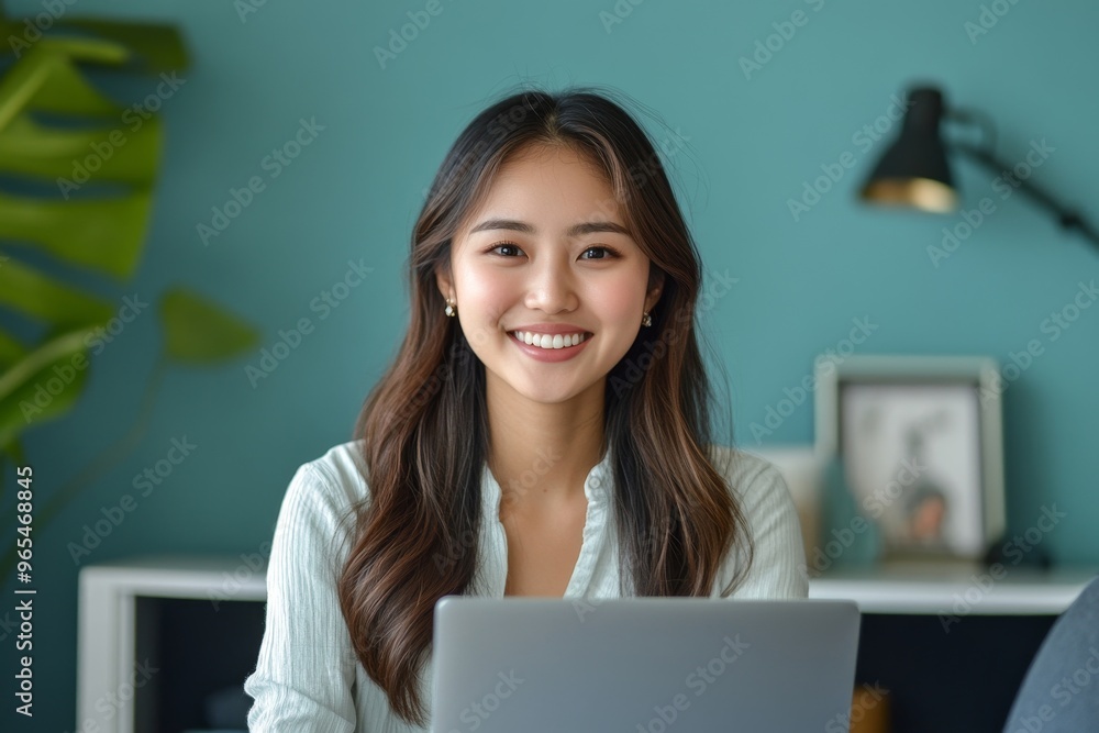 Asian office working girl with a radiant smile sits in front of her ...
