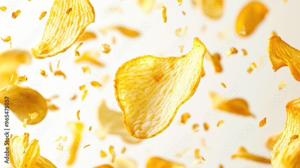 Crispy potato chips float in the air on a white background. Close-up of ...