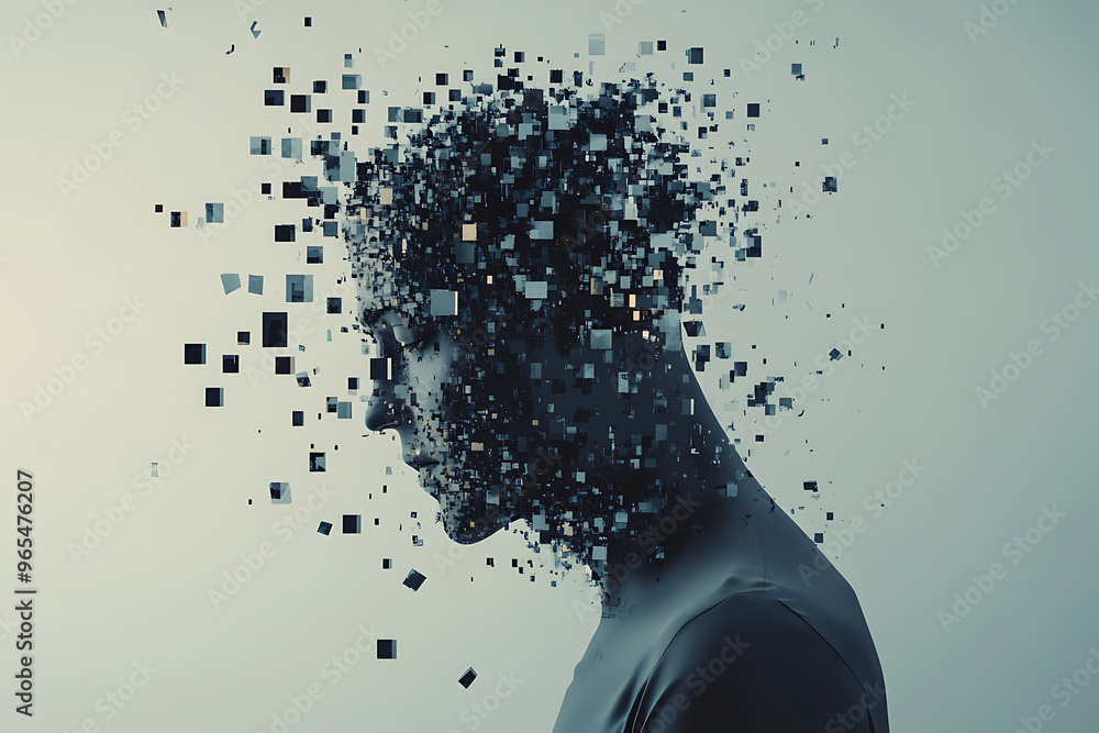 An abstract digital concept featuring half of a depressed man ...