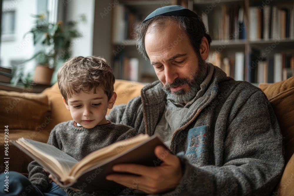 jewish father holding tanakh and talking with son in apartment ...