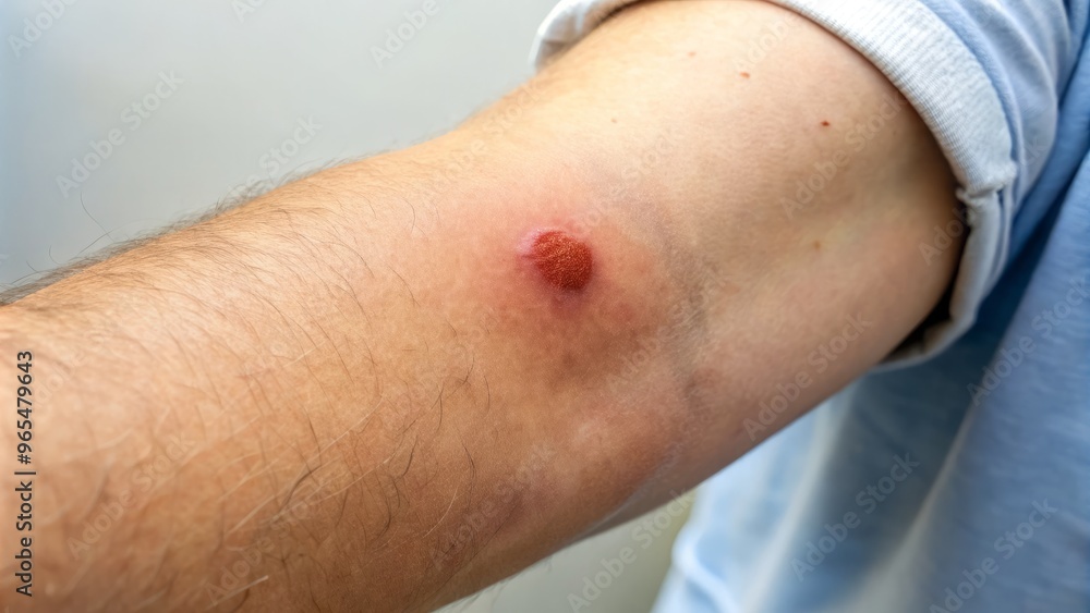 A close-up view of the arm showing a raised red bump and swelling at ...