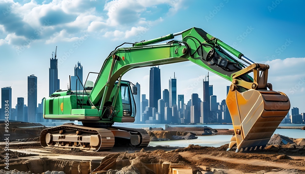 Green excavator operating at a construction site against a city skyline ...
