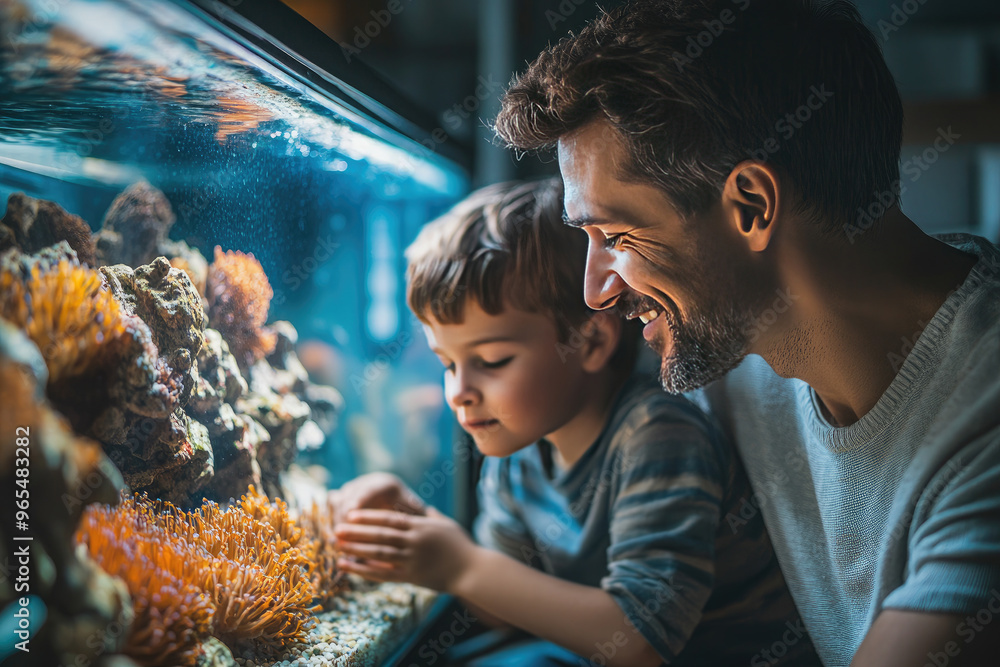 Father and son watching fish in aquarium at home sharing happy moments ...