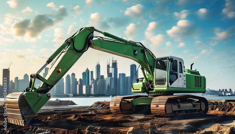 Green excavator operating at a construction site against a city skyline ...