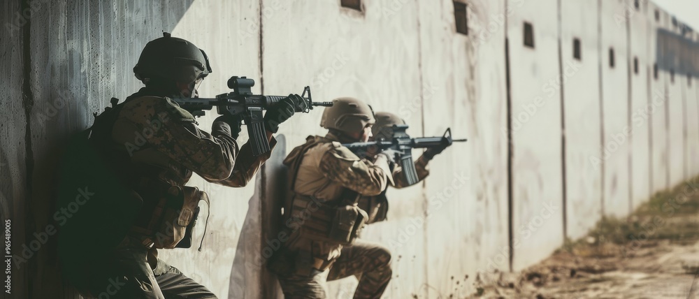 Soldiers in full gear, armed and vigilant, take cover against a ...
