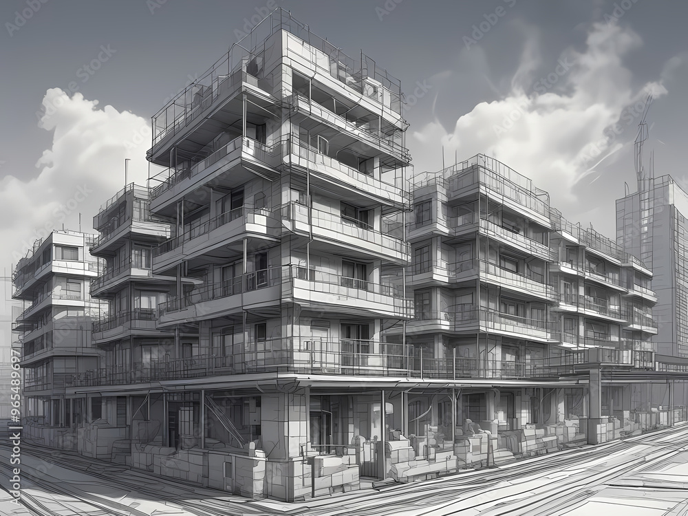 Digital construction site sketch. Building 3D Printing, Building Information Modeling ...