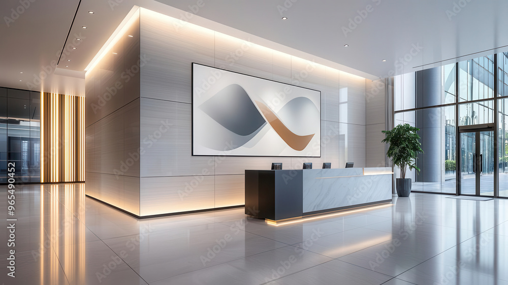 Sleek and futuristic office lobby with a reception desk, abstract art ...
