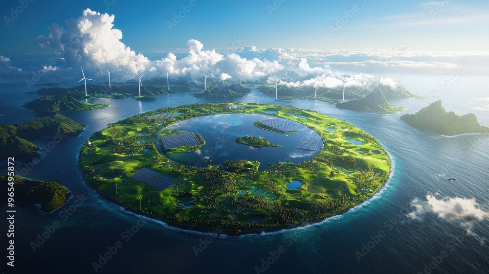 A breathtaking 3D illustration of an island powered by renewable energy ...
