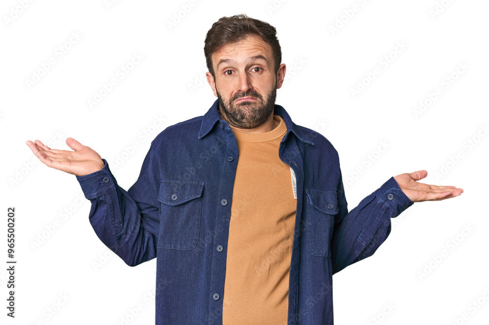 Poster Studio portrait of young Hispanic male doubting and shrugging ...