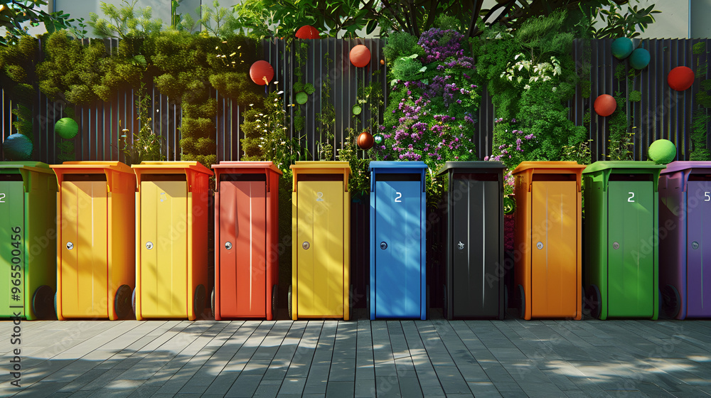 recycling garbage cans, Color Coded Recycling Bins Lined Up, Environmental Care, sorting trash ...