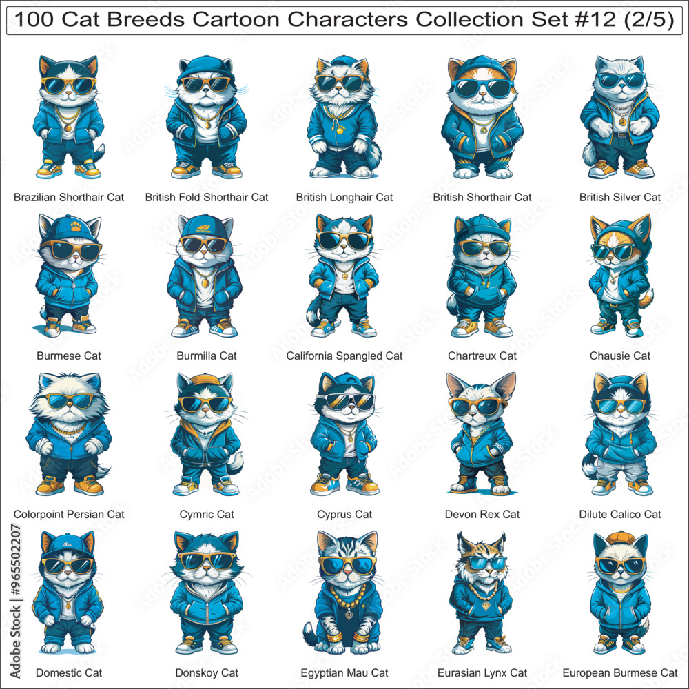 Cat Breeds Cartoon Characters Collection Set of 100 Cat Faces Isolated ...