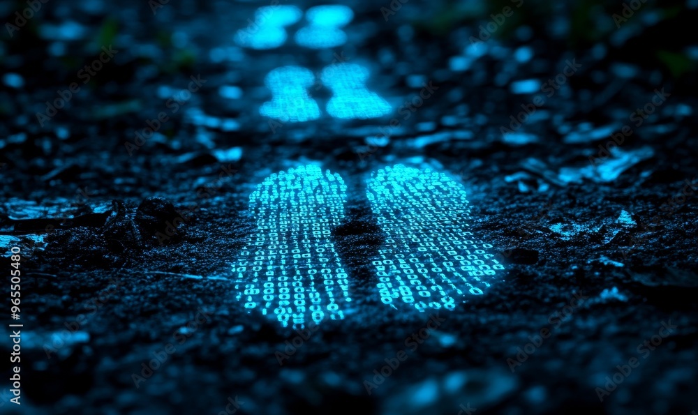 Cybersecurity digital footprints made of binary code, highlighting the importance of ...