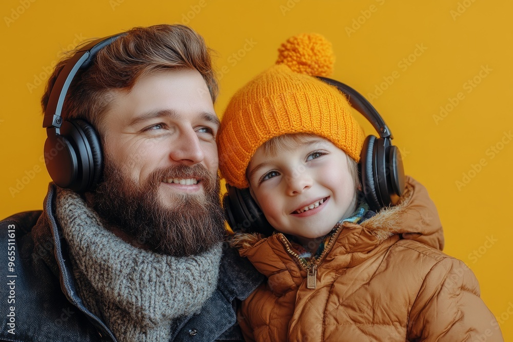 Bearded father and his son in headphones listen to music on yellow ...
