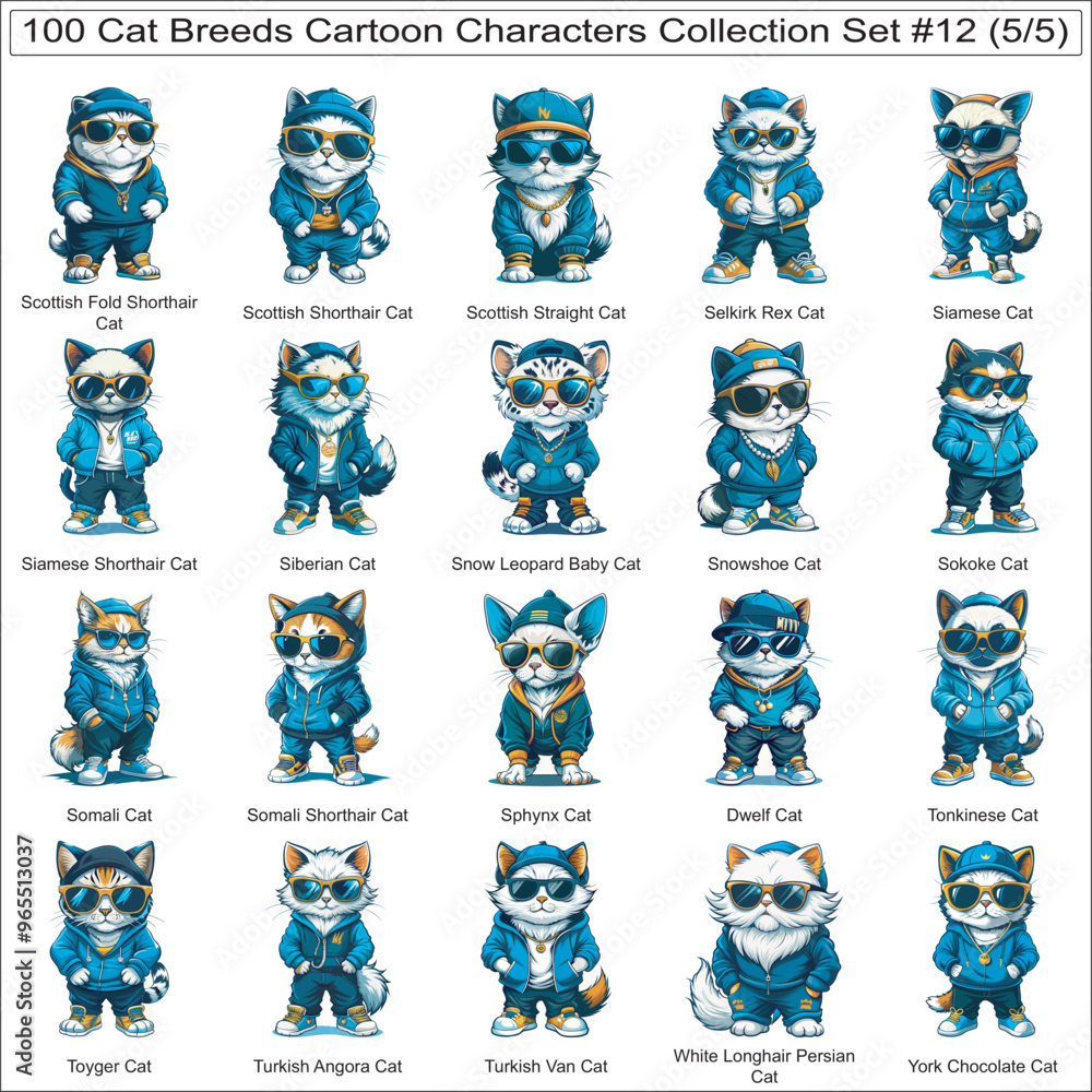 Cat Breeds Cartoon Characters Collection Set of 100 Cat Faces Isolated ...