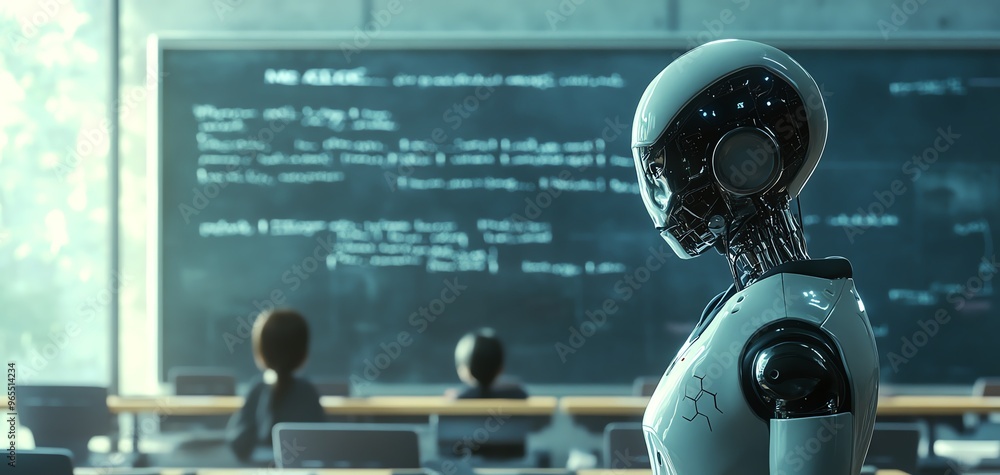 A futuristic classroom with a humanoid robot teacher in front of a ...
