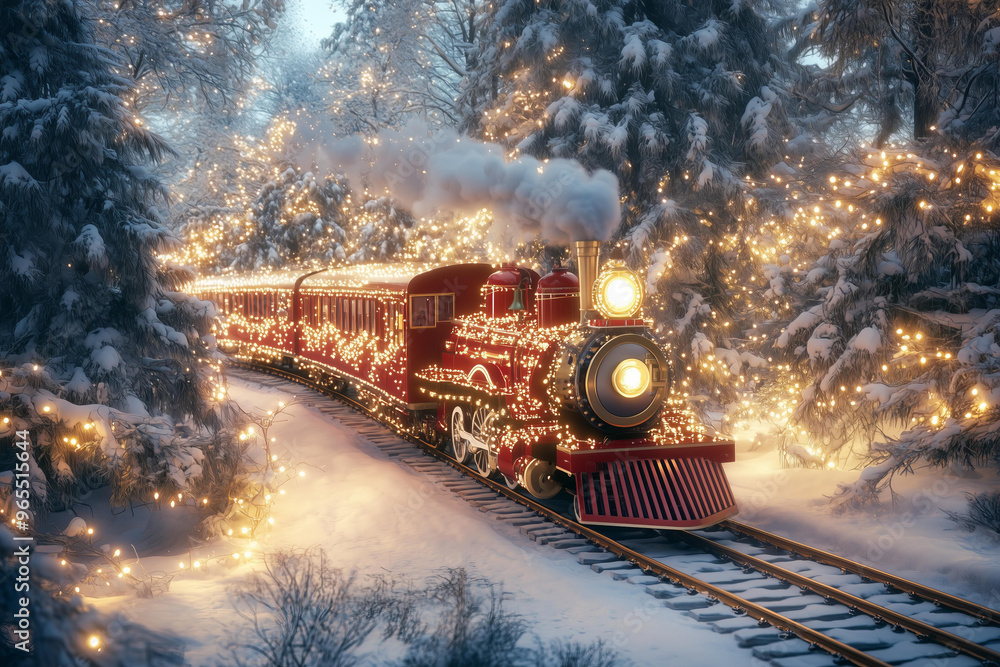 ed Christmas train with white lights and gold decorations is moving ...