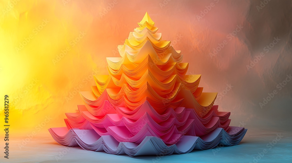 A colorful 3D papercraft pyramid chart, layers of paper stacked in a ...