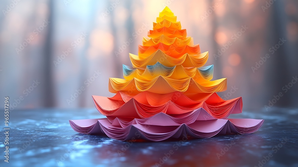 A colorful 3D papercraft pyramid chart, layers of paper stacked in a ...
