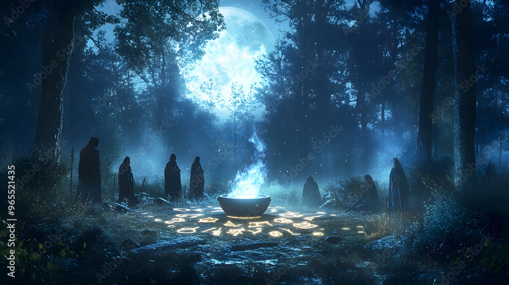 moonlit witches' ritual in the forest, with glowing runes on the ground ...
