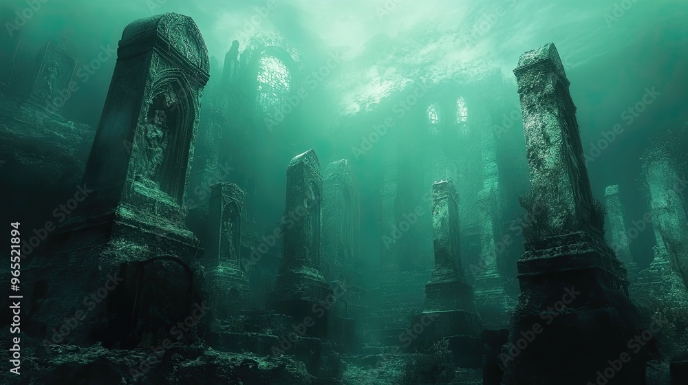 16. A vast alien cemetery underwater, with ancient, glowing tombstones ...