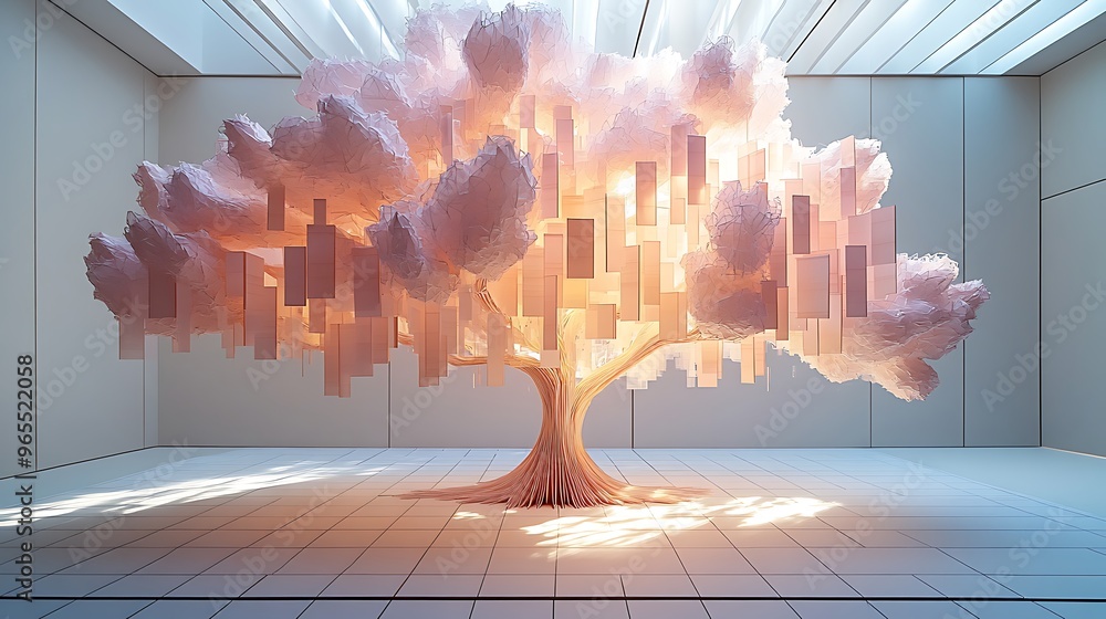 A detailed 3D papercraft tree map, pastel-colored rectangles rising ...