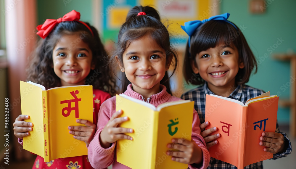 Indian Children Holding Books with Hindi Alphabets for Hindi Diwas ...