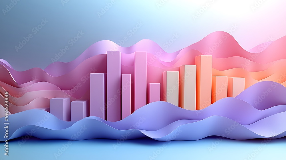 A minimalist 3D papercraft stacked bar chart, pastel paper bars with ...