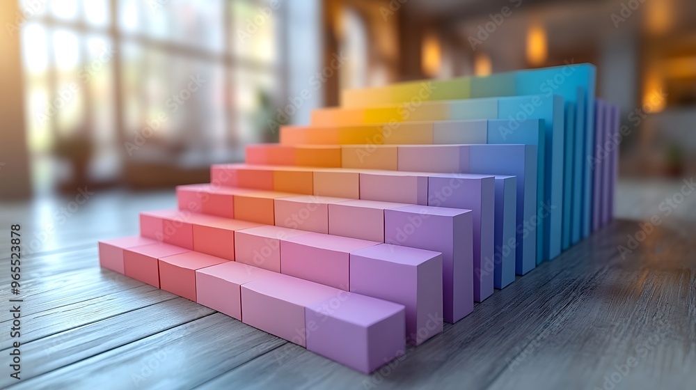 A minimalist 3D papercraft stacked bar chart, pastel paper bars with ...