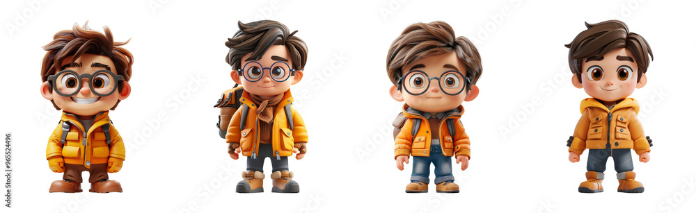 set of cartoon characters in yellow jackets on transparent background ...