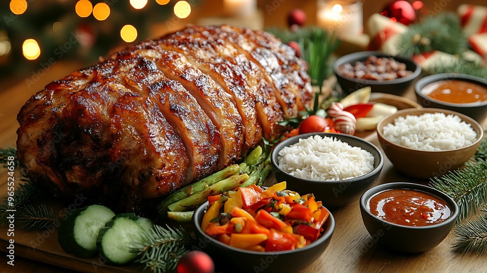 A traditional Filipino holiday table featuring a whole roasted lechon ...