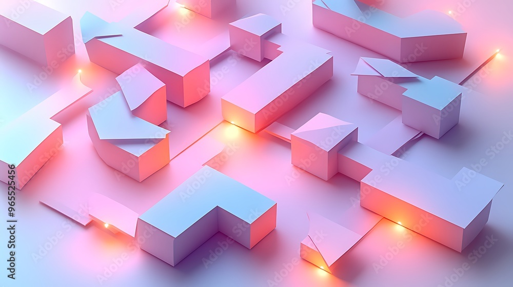 A modern 3D papercraft flowchart, pastel paper shapes (rectangles ...