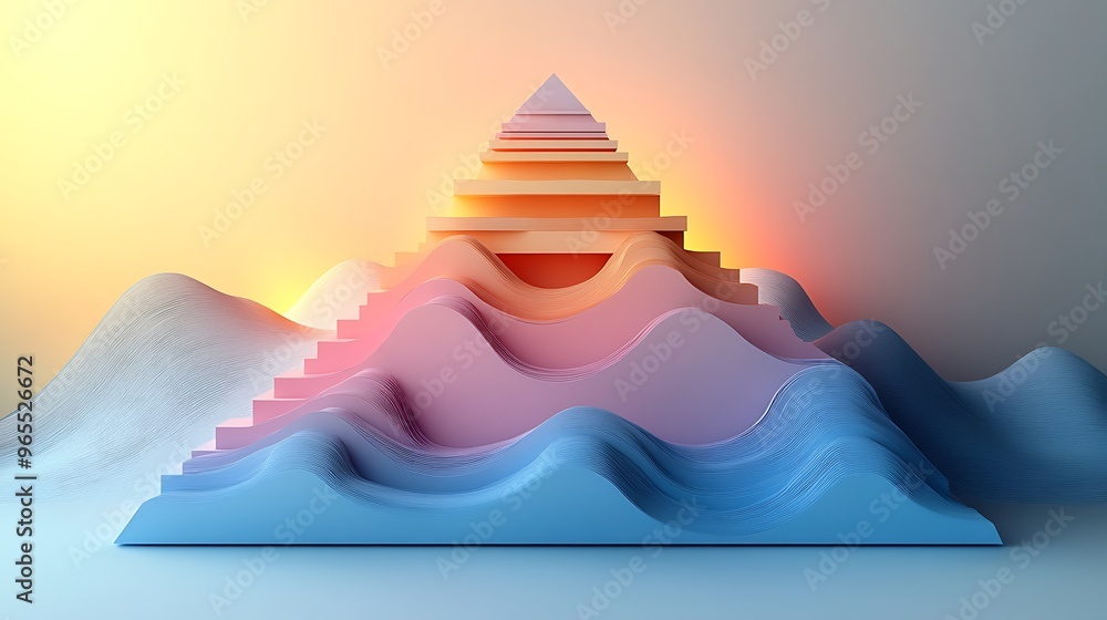 A modern 3D papercraft pyramid chart, pastel paper layers stacked in a ...