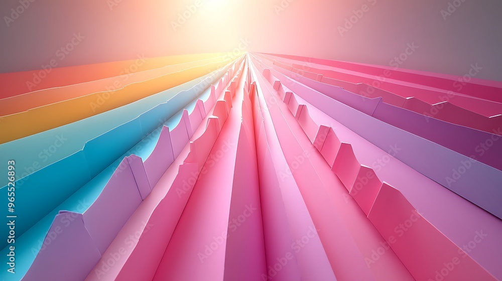 A modern 3D papercraft radar chart, radial strips of pastel paper ...