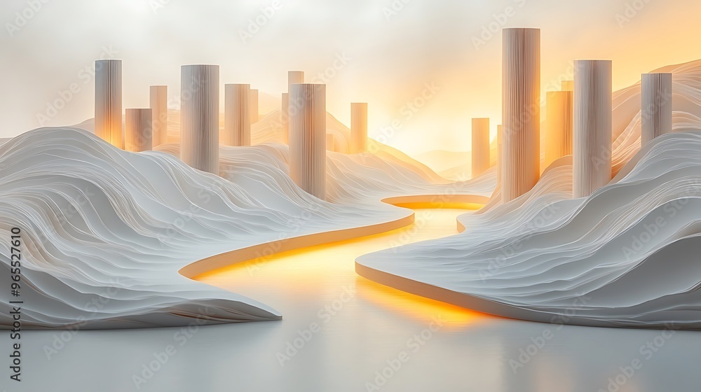 A modern 3D papercraft timeline, vertical paper columns of varying ...