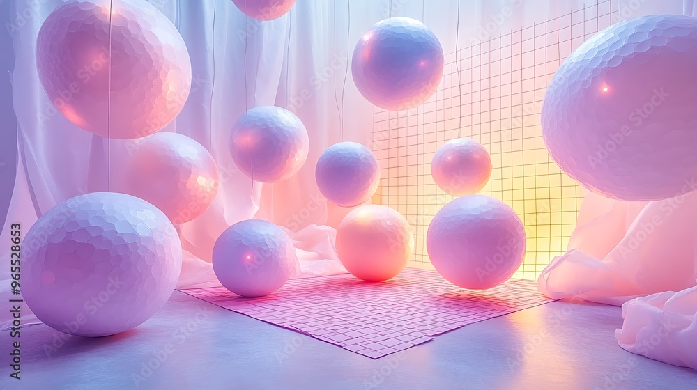 A sleek 3D papercraft bubble chart, muted pastel spheres of varying ...