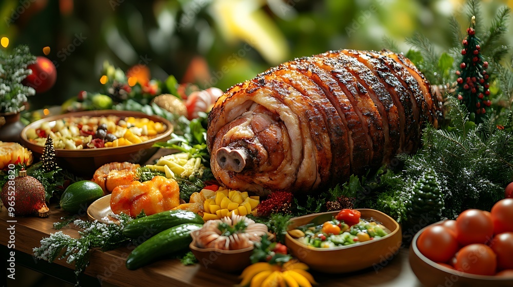 A whole roasted suckling pig (Lechon) displayed on a Filipino Christmas ...