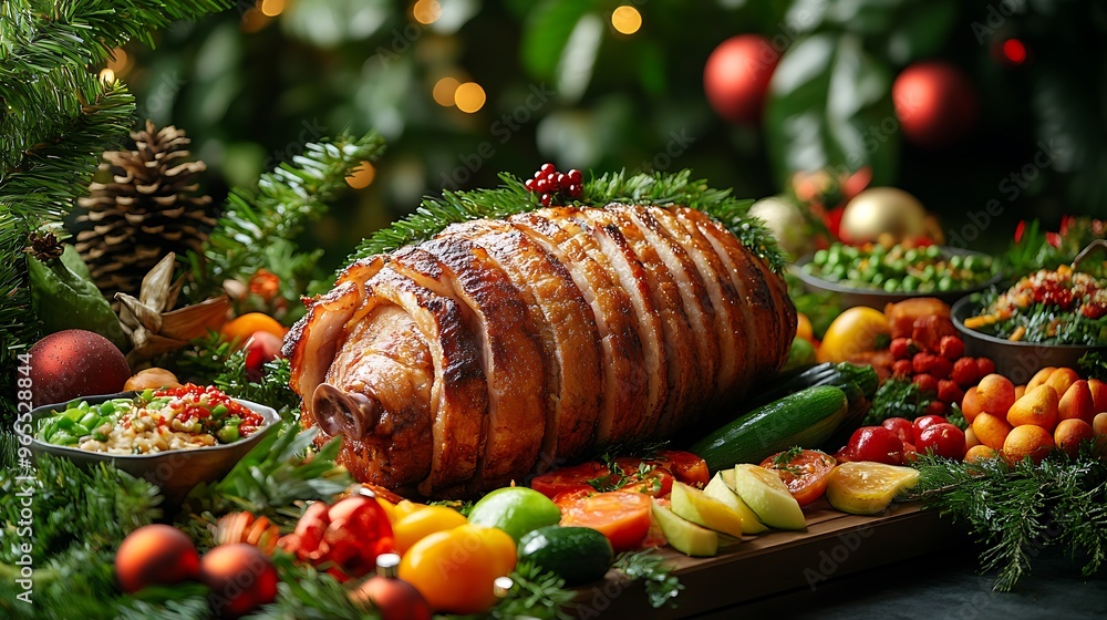 A whole roasted suckling pig (Lechon) displayed on a Filipino Christmas ...