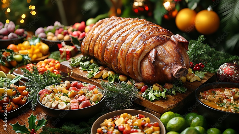 A whole roasted suckling pig (Lechon) displayed on a Filipino Christmas ...