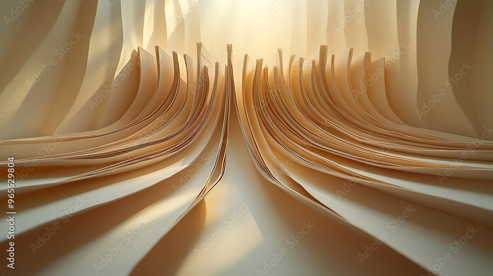 A sleek 3D papercraft radar chart, thin muted-colored radial strips of ...