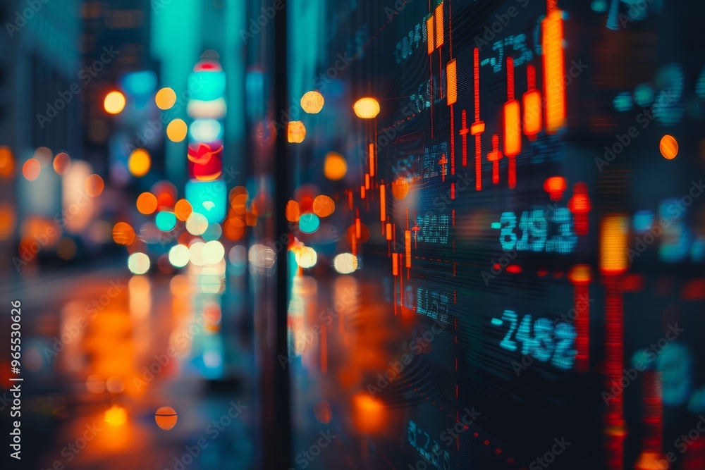 Stock market screen displaying candlestick chart and trading symbols ...