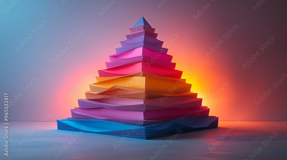 A vibrant 3D papercraft pyramid chart, colorful layers of paper stacked ...