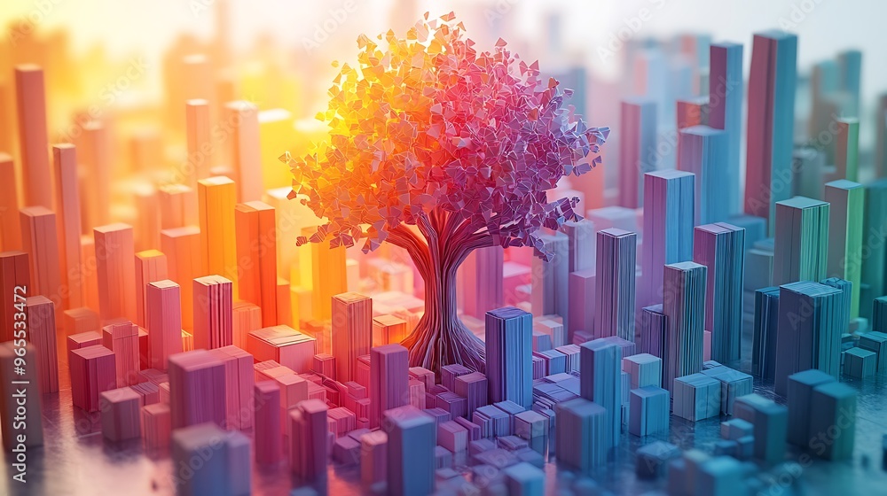 A vibrant 3D papercraft tree map, colorful paper rectangles of ...