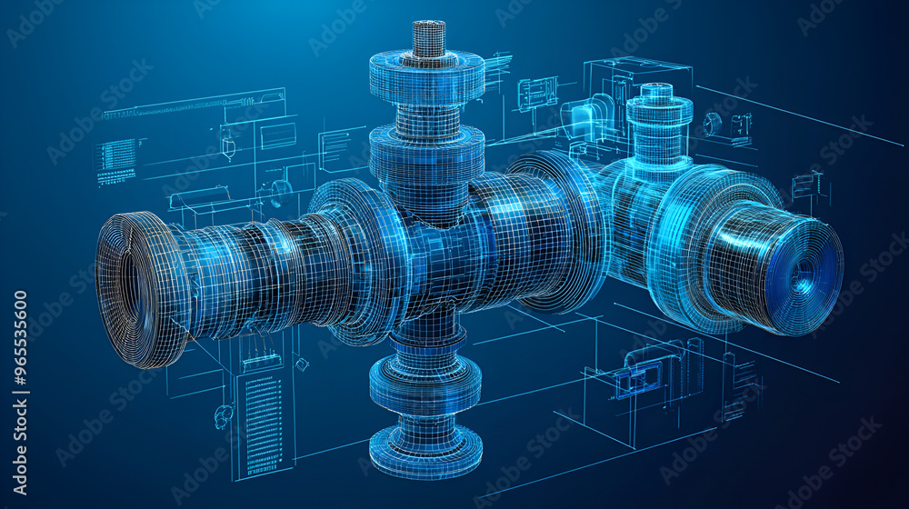 Vector rendering of an industrial valve in wireframe style with ...