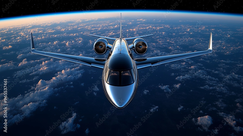 Private Jet Soaring Above the Clouds: A sleek, silver private jet ...