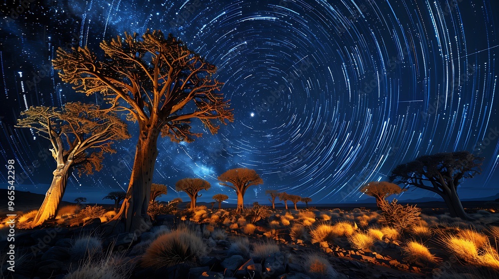 A surreal scene of a quiver tree forest under a starry night sky in ...