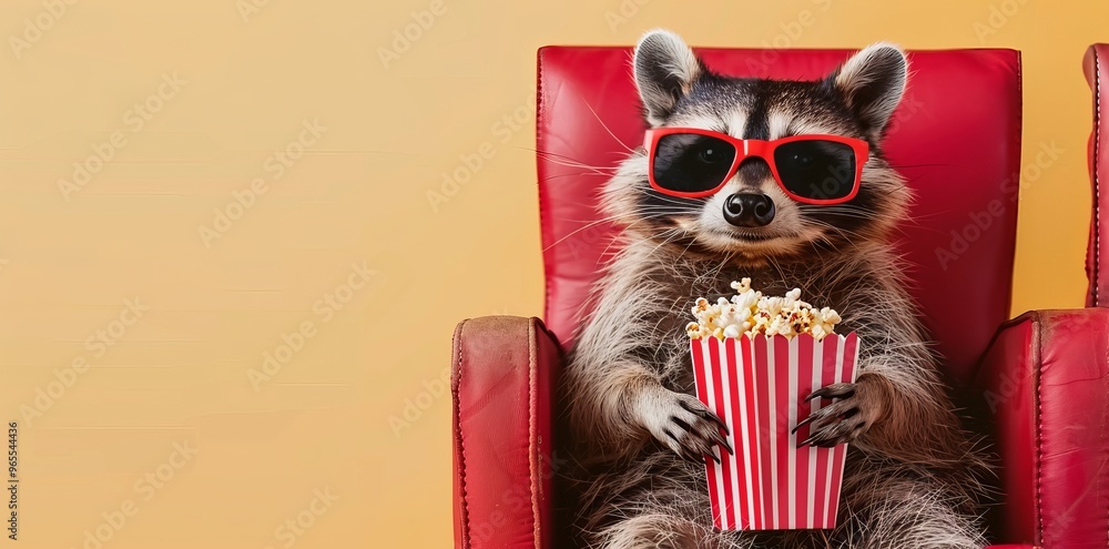 Raccoon eat popcorn in movie. Adorable mascot mascot in 3d glasses with ...