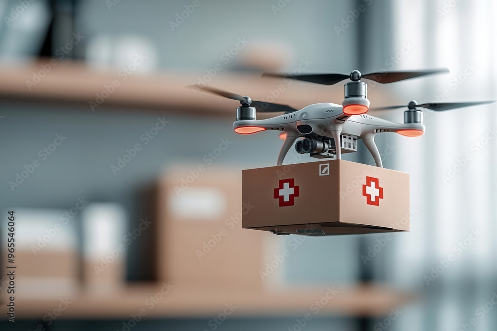 A futuristic hospital drone delivering medical supplies to emergency rooms, medical drone ...