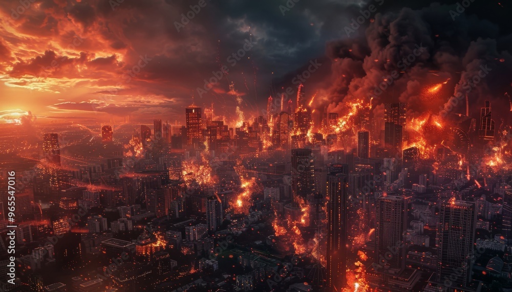 Disaster ruin and apocalyptic town. Burning urban cityscape with smoke ...